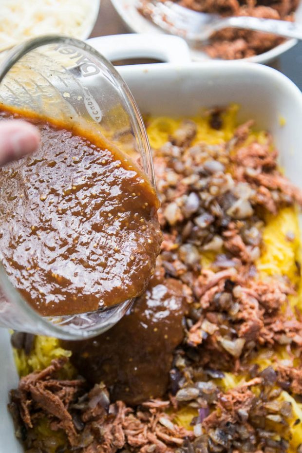 BBQ Pulled Pork Spaghetti Squash Bake - Perry's Plate